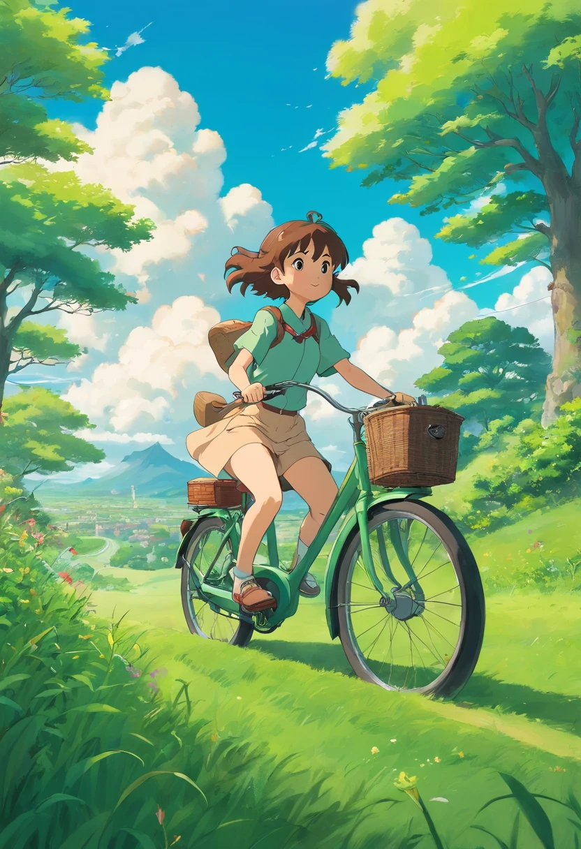 A woman riding a bike in a green field with trees - SeaArt AI