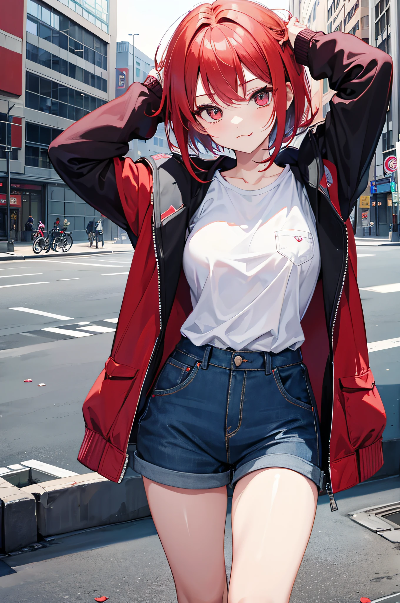 Anime girl with red hair and blue shorts posing on a city street ...