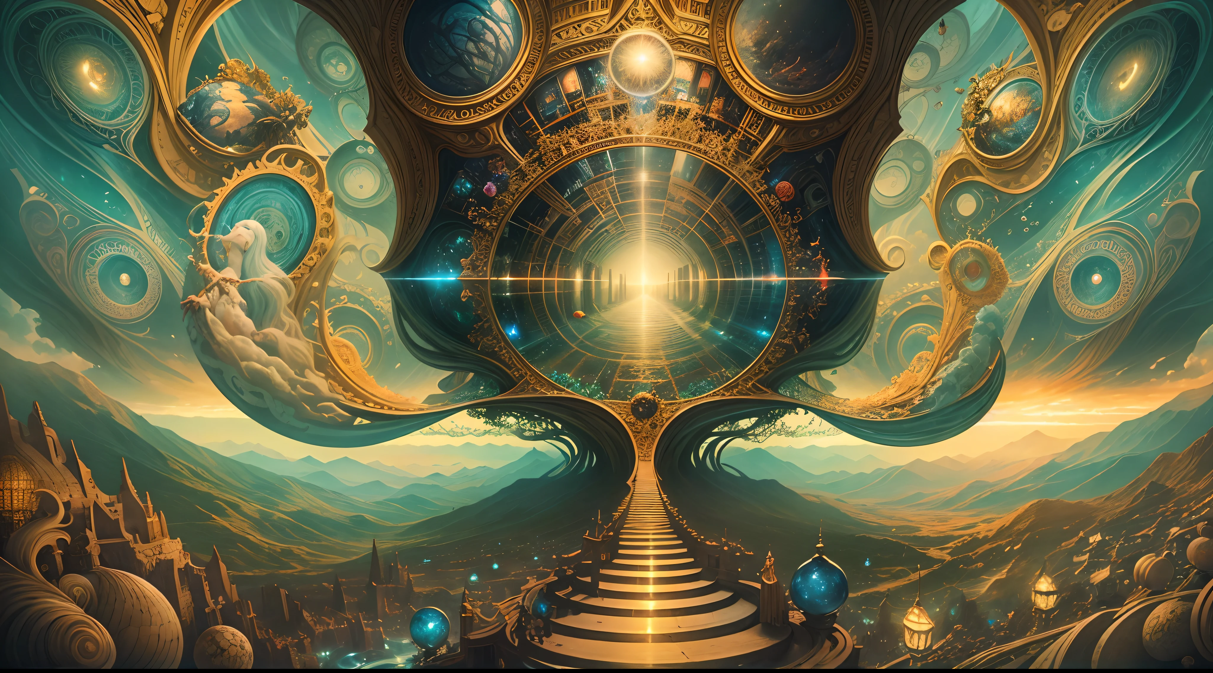 A painting of a stairway leading to a surreal sky with a tree - SeaArt AI