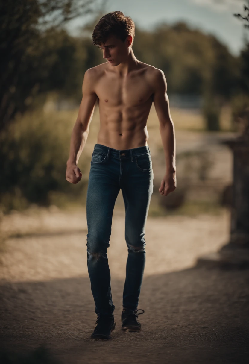 A shirtless man walking down a dirt road with his shirt off - SeaArt AI