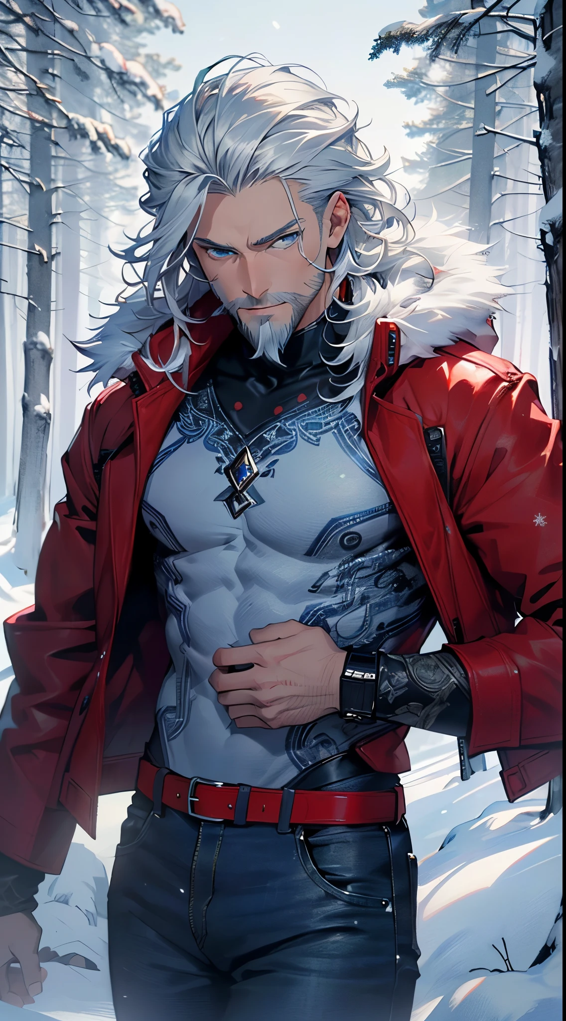 A close up of a person in a red jacket and black pants - SeaArt AI