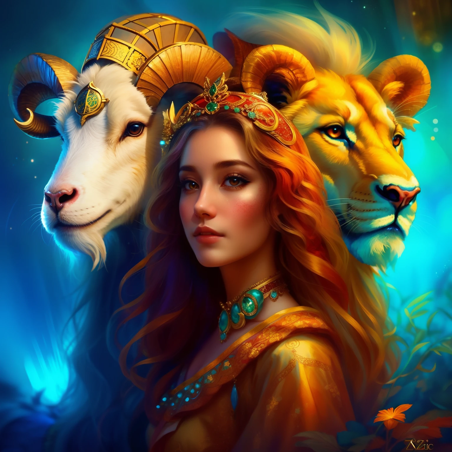 A woman with a goat and a ram head in a painting - SeaArt AI