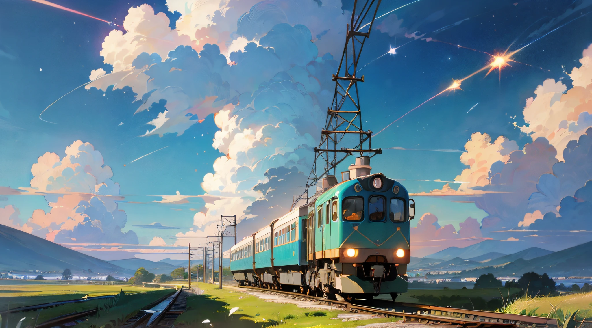 Anime train on the tracks with a beautiful sky background - SeaArt AI