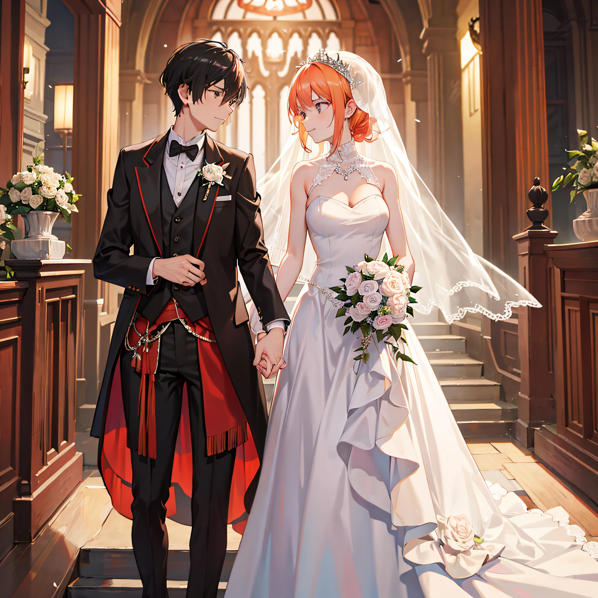 Anime wedding couple in a church with a red haired bride - SeaArt AI