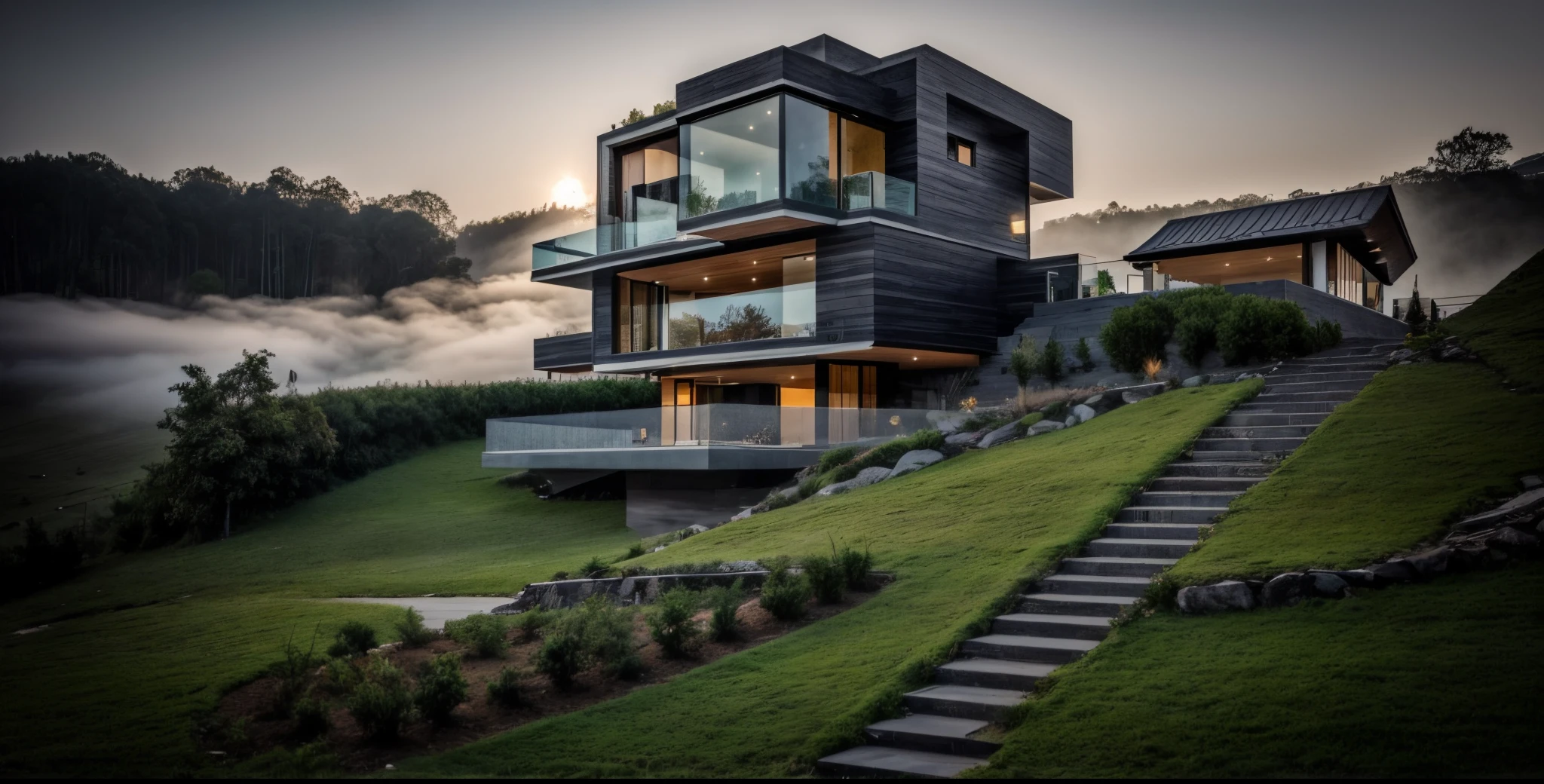 A close up of a house on a hill with a lot of grass - SeaArt AI