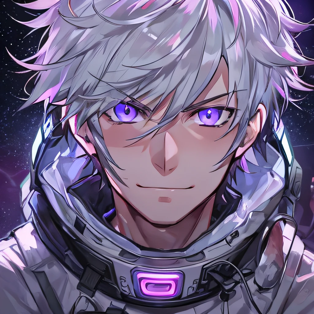 A close up of a person in a space suit with purple eyes - SeaArt AI