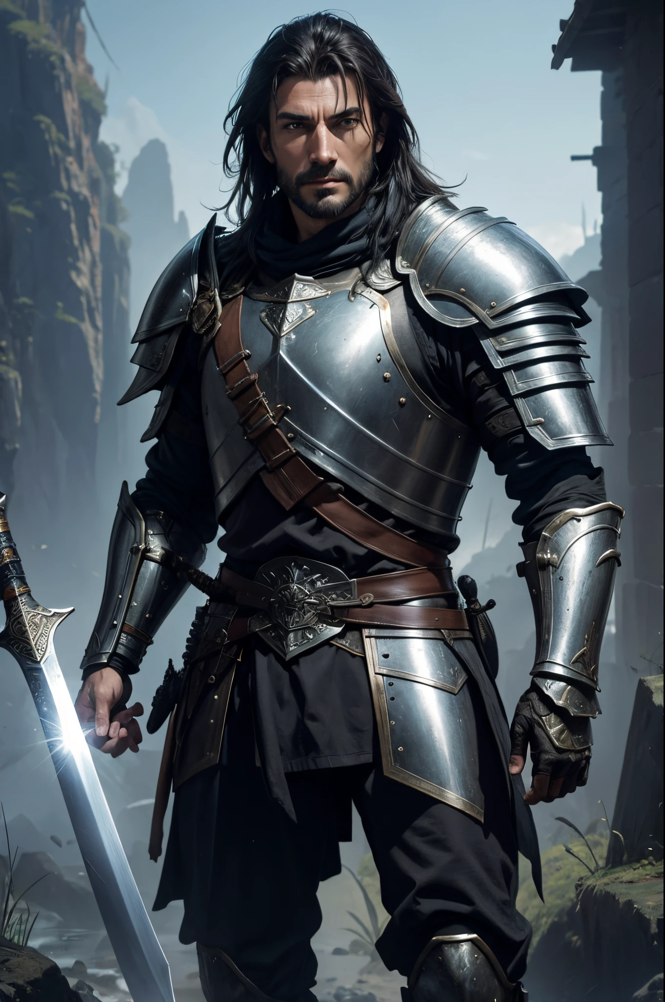 A close up of a man in armor holding a sword - SeaArt AI