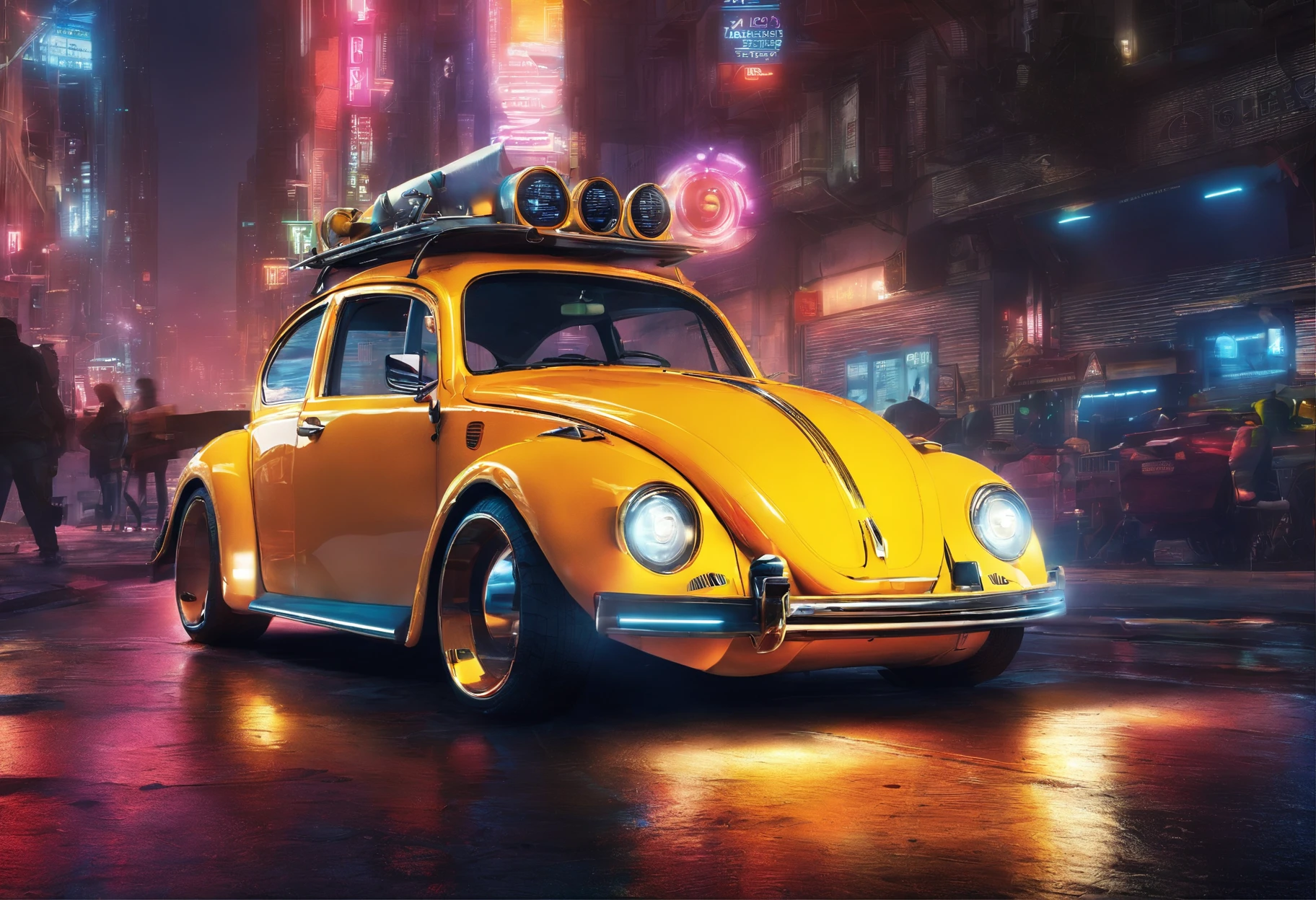 Yellow volkswagen beetle car with luggage on top in the city - SeaArt AI