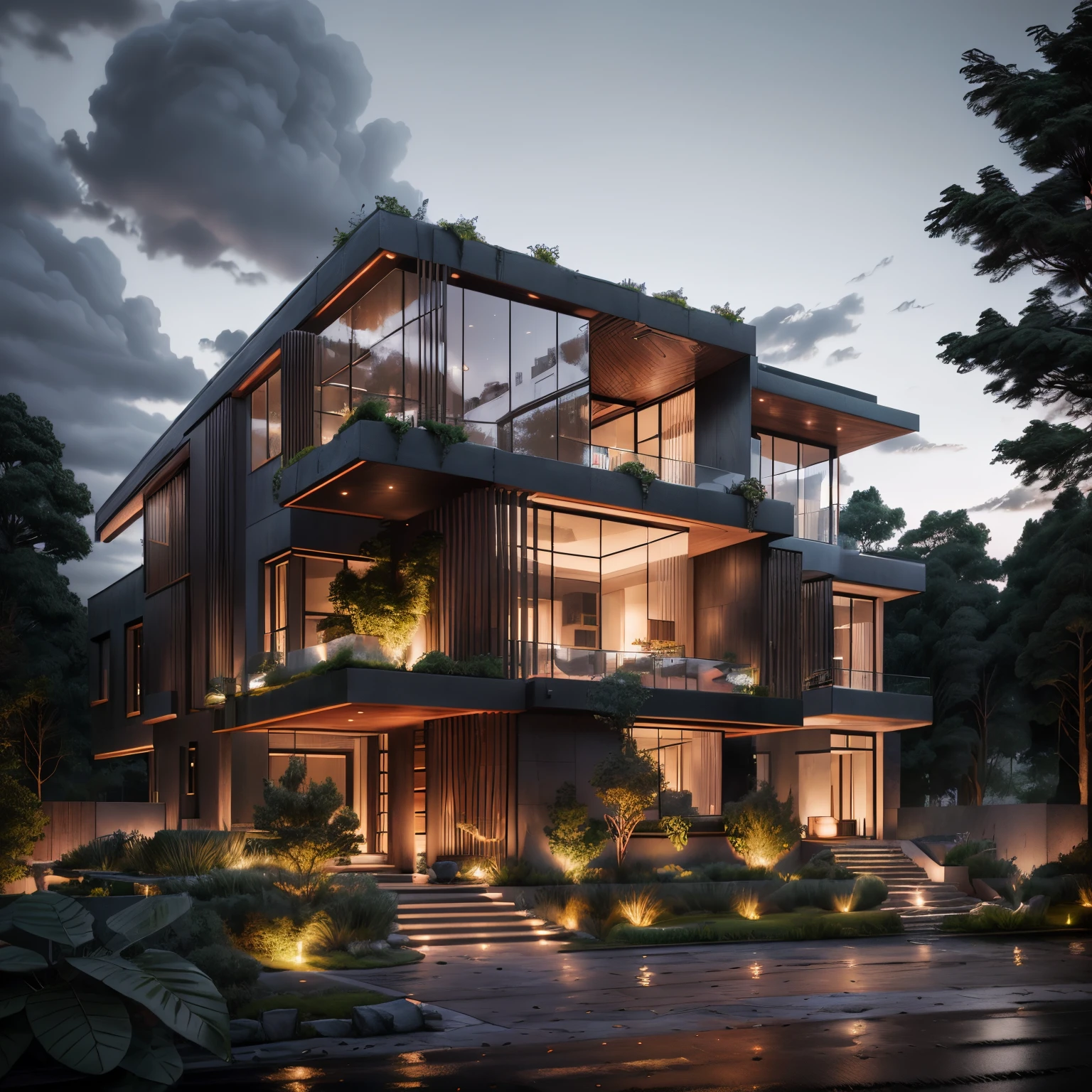 A rendering of a modern house with a lot of windows and lights - SeaArt AI