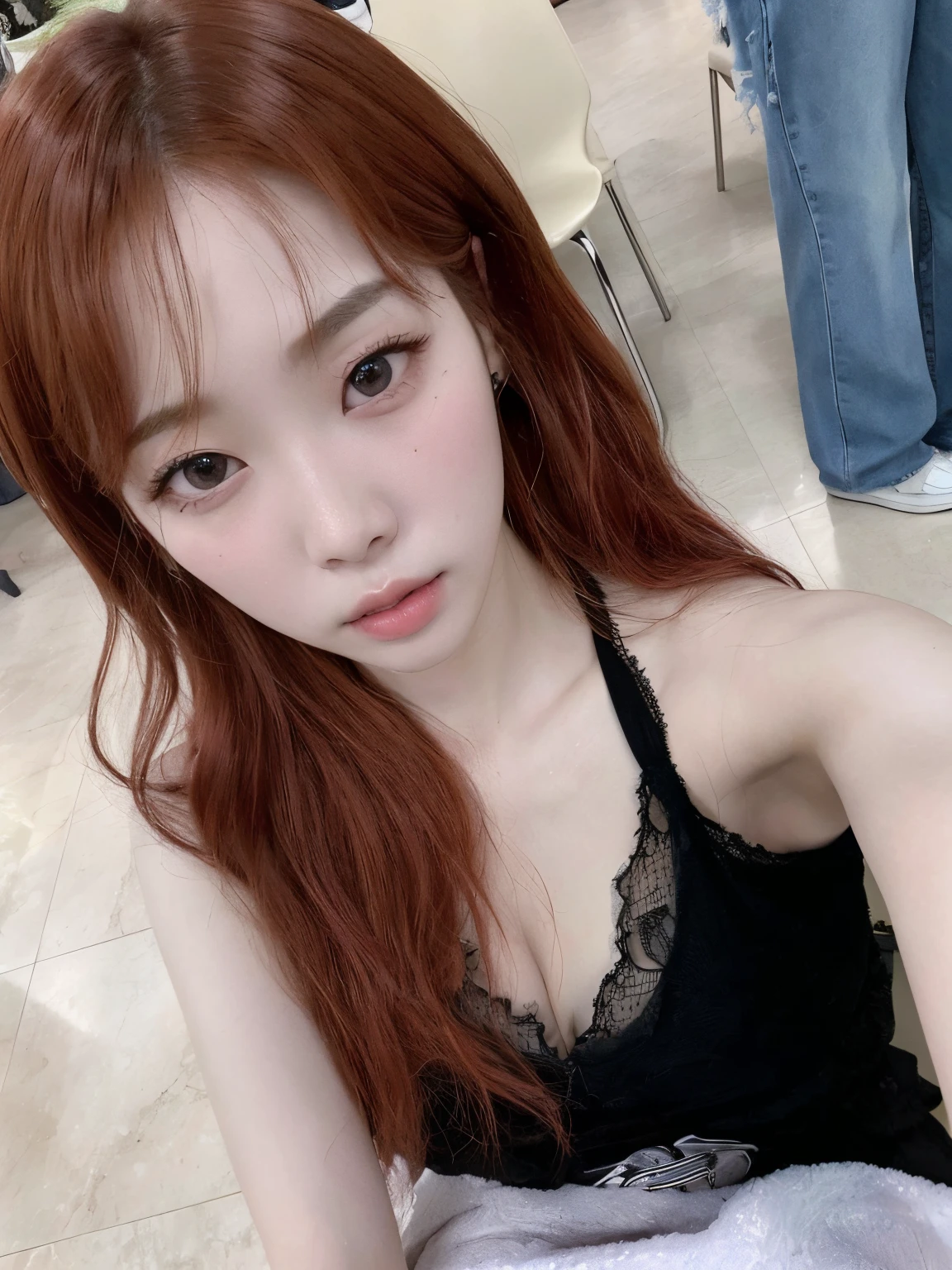 A close up of a woman with long red hair wearing a black bra top - SeaArt AI