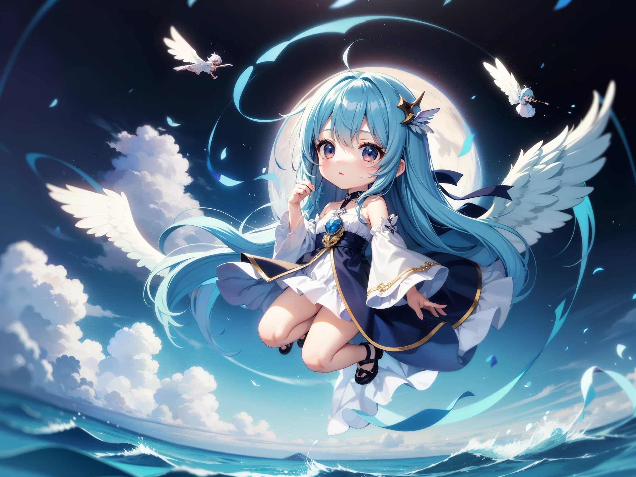 A girl with blue hair and white wings flying over the ocean - SeaArt AI