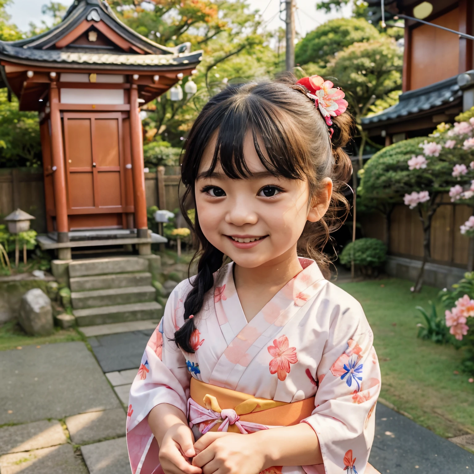 Arafed asian girl in a kimono dress standing in front of a small ...