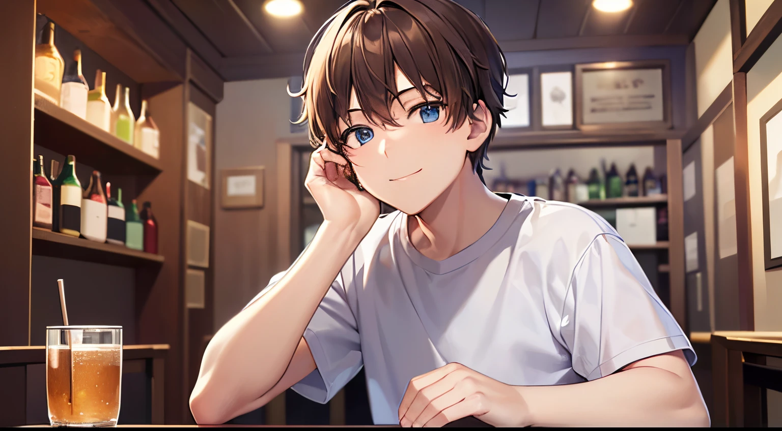 Anime boy sitting at a table with a drink in front of him - SeaArt AI