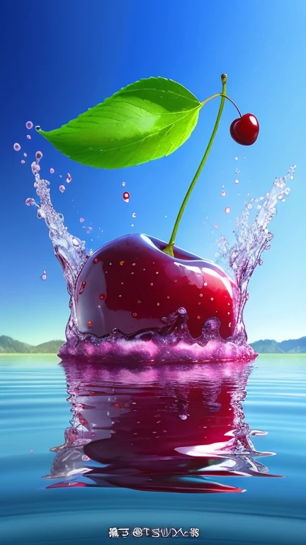 There is a cherry with leaves splashing on the water, cherry explosion ...