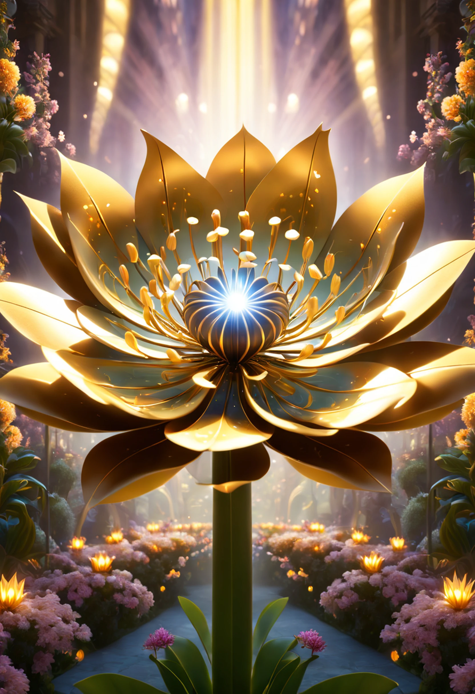A large flower with a light shining in the middle of it - SeaArt AI