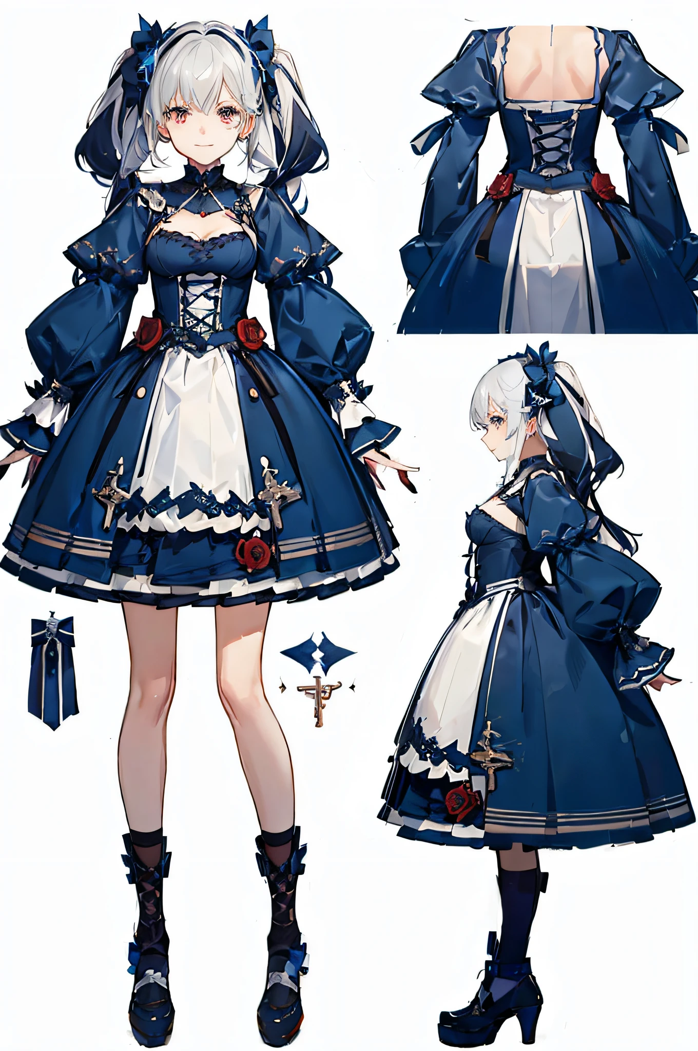 A close up of a woman in a blue dress with a rose on it - SeaArt AI