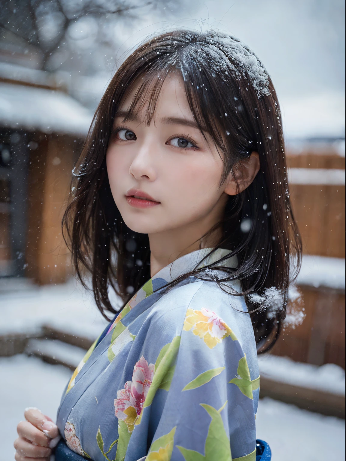 A woman in a kimono is standing in the snow - SeaArt AI