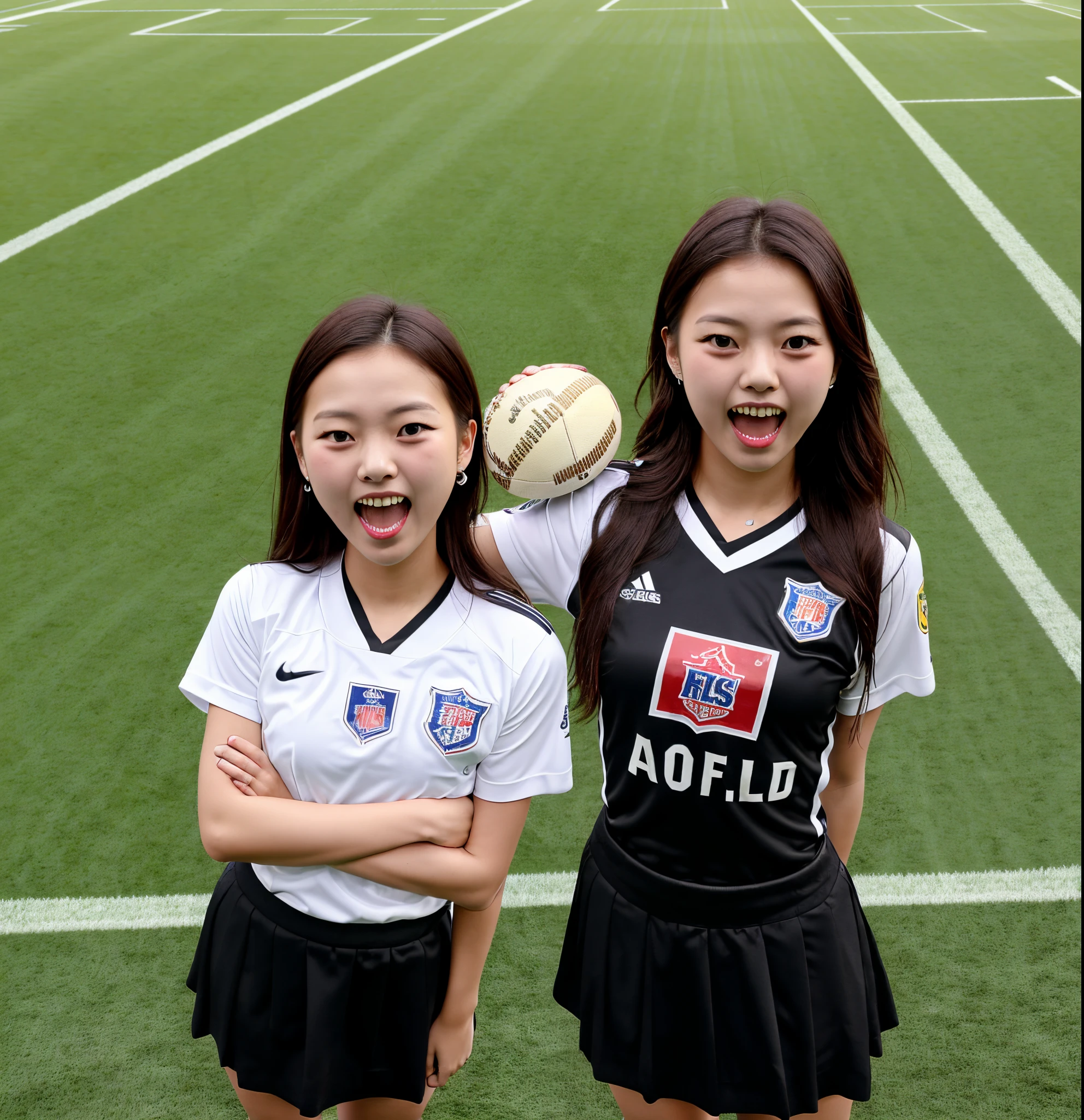 Two asian girls in uniforms posing for a picture on a soccer field ...