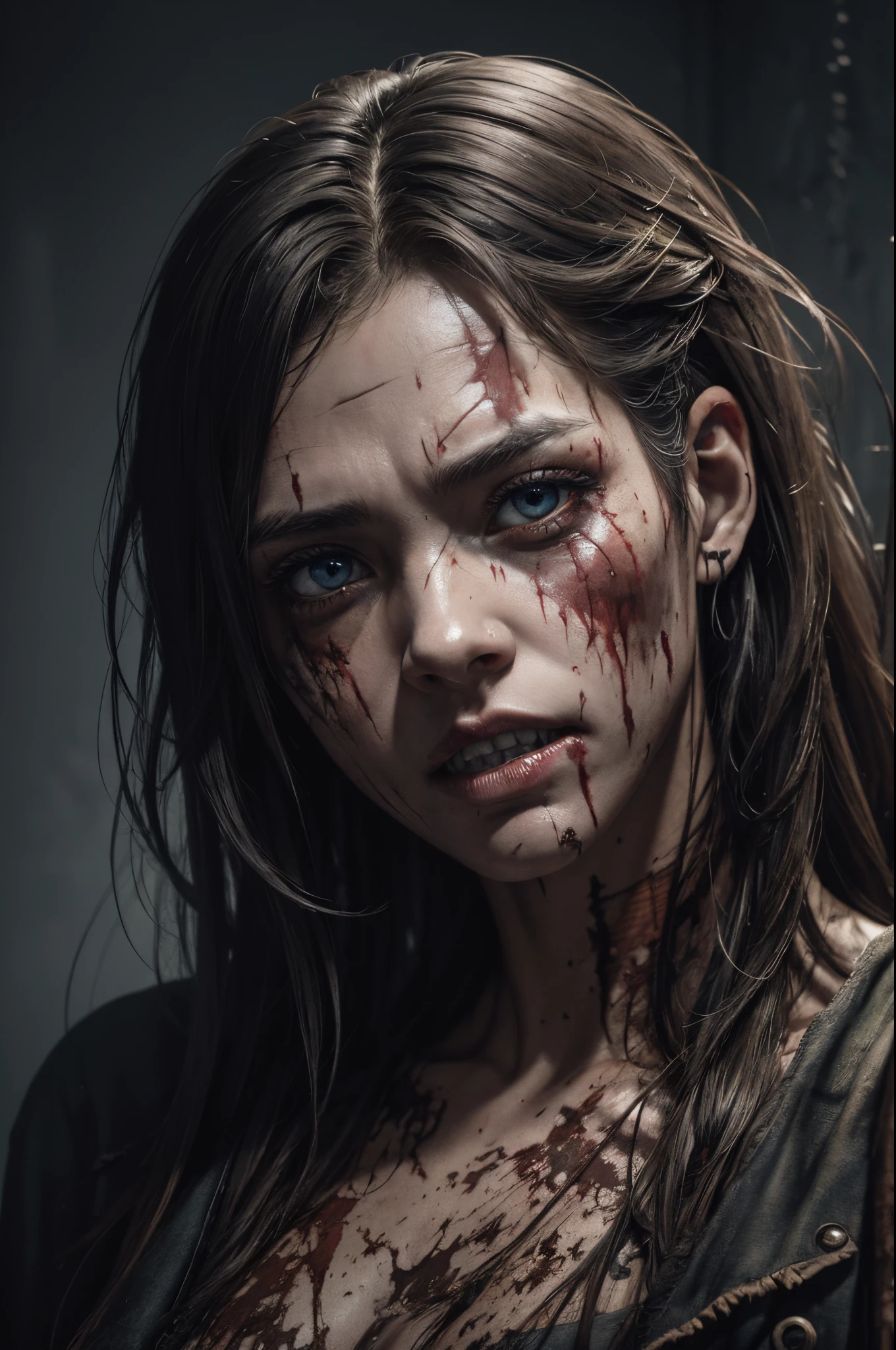 A woman with blood on her face and a knife in her hand - SeaArt AI