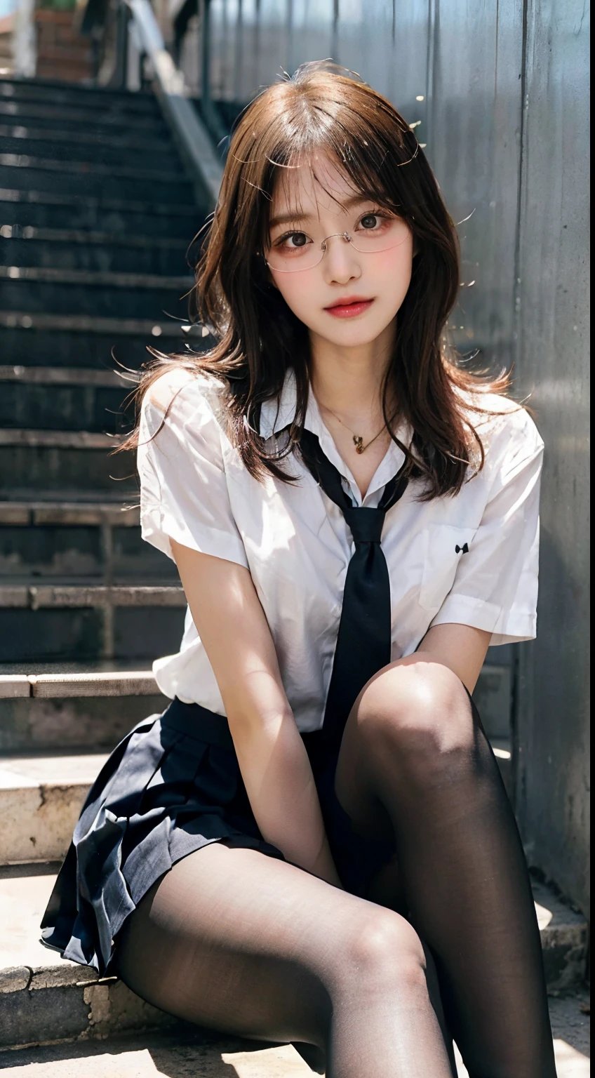 Arafed asian woman in a school uniform sitting on a set of stairs ...