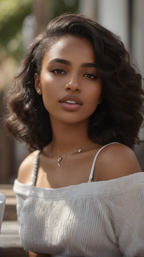 Araffe woman with a white top and a necklace sitting on a bench - SeaArt AI