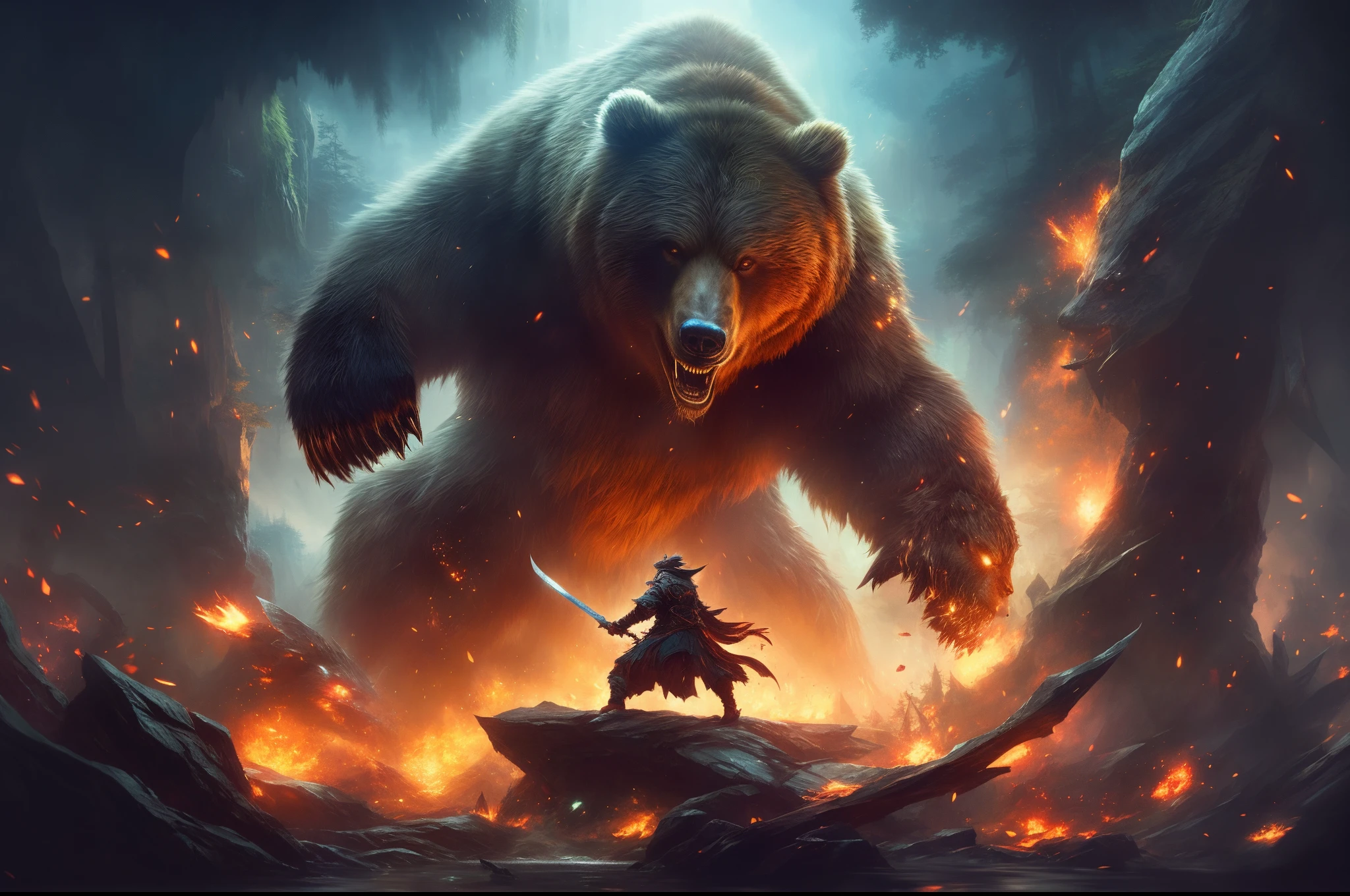 A close up of a bear with a sword in front of a man - SeaArt AI