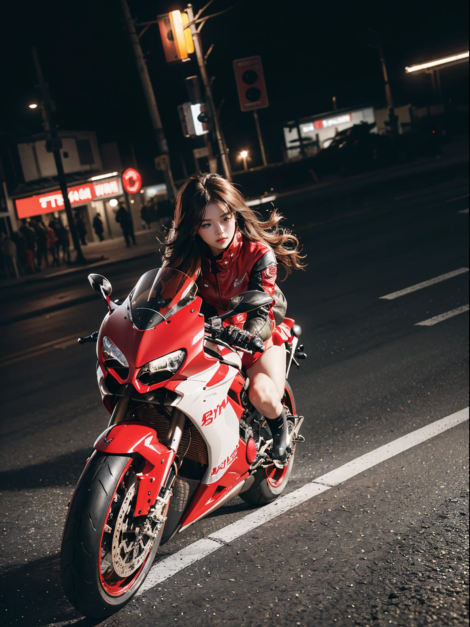 Woman in red leather jacket riding a red motorcycle on a city street ...
