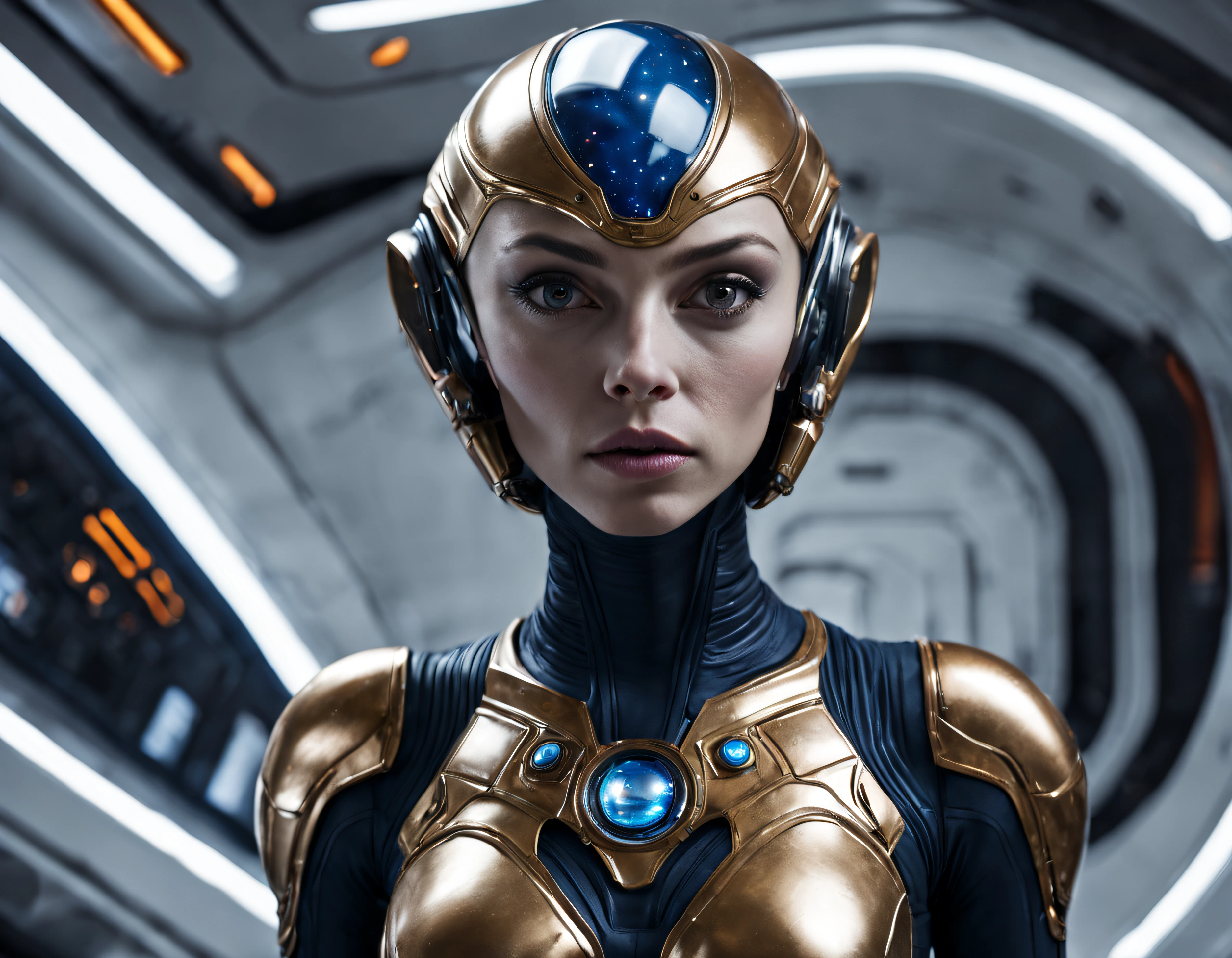 A close up of a woman in a futuristic suit with a helmet on - SeaArt AI