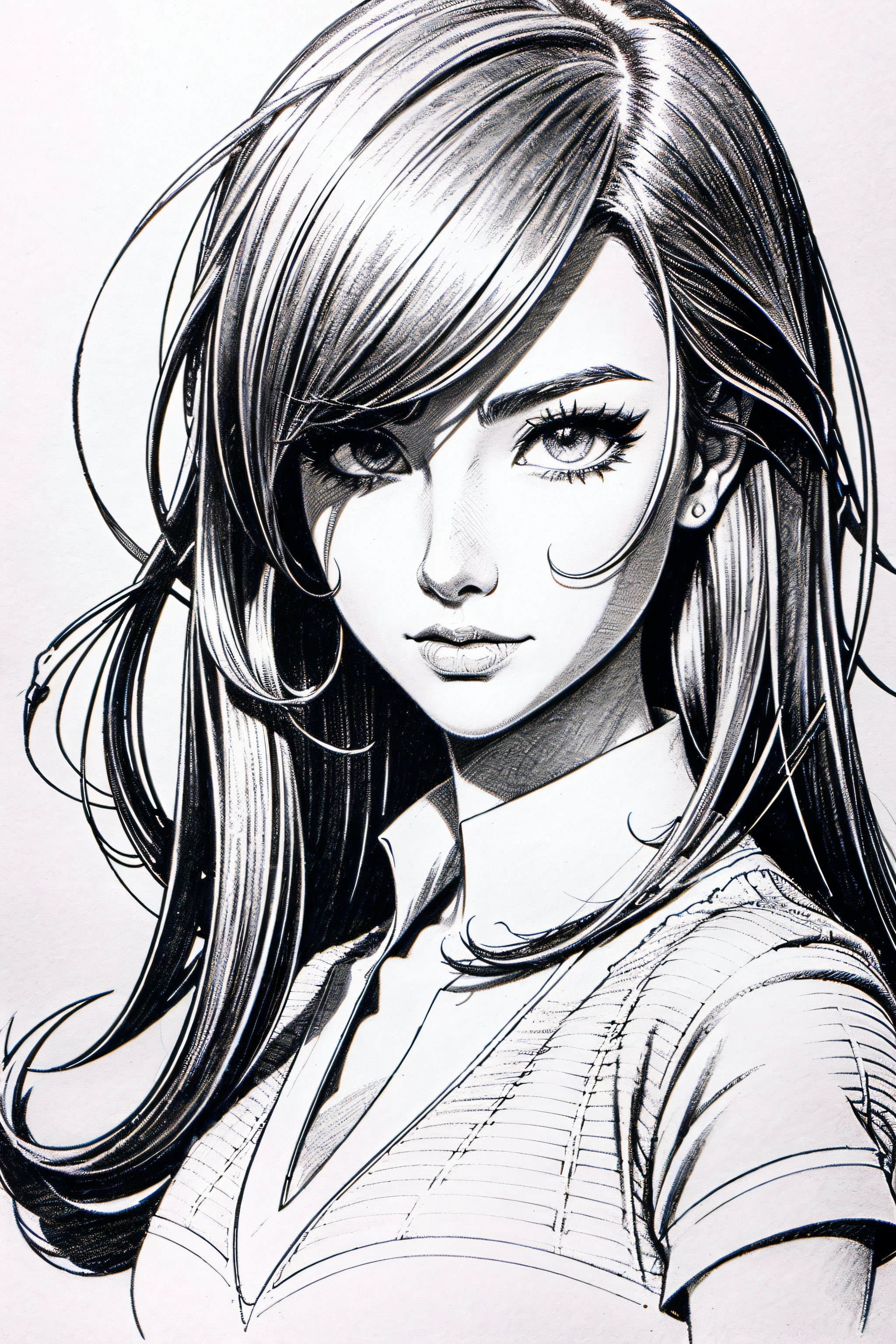 A drawing of a girl with long hair and a shirt - SeaArt AI