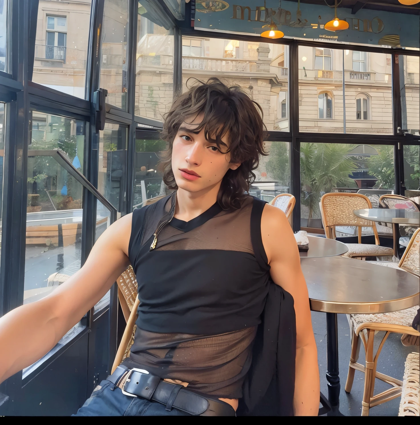 There is a man sitting in a chair in a restaurant - SeaArt AI