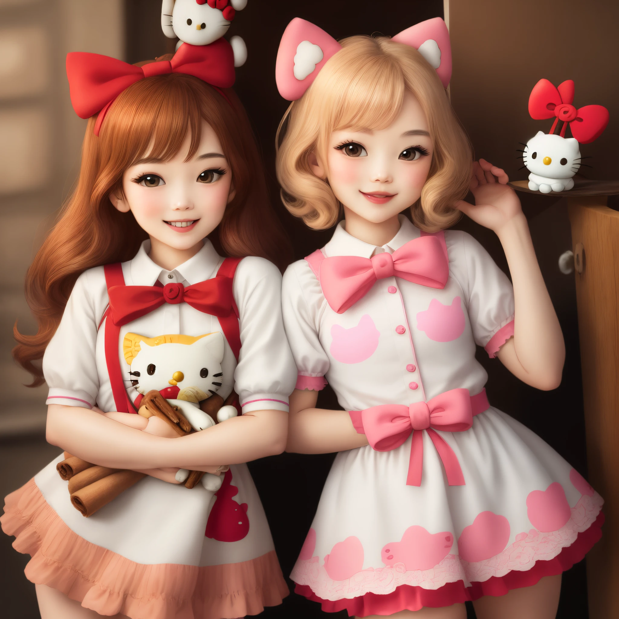 Two girls in hello kitty costumes holding stuffed animals - SeaArt AI