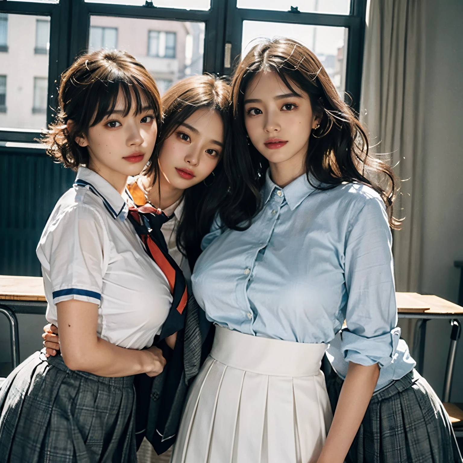 Two women in school uniforms posing for a picture in front of a window ...