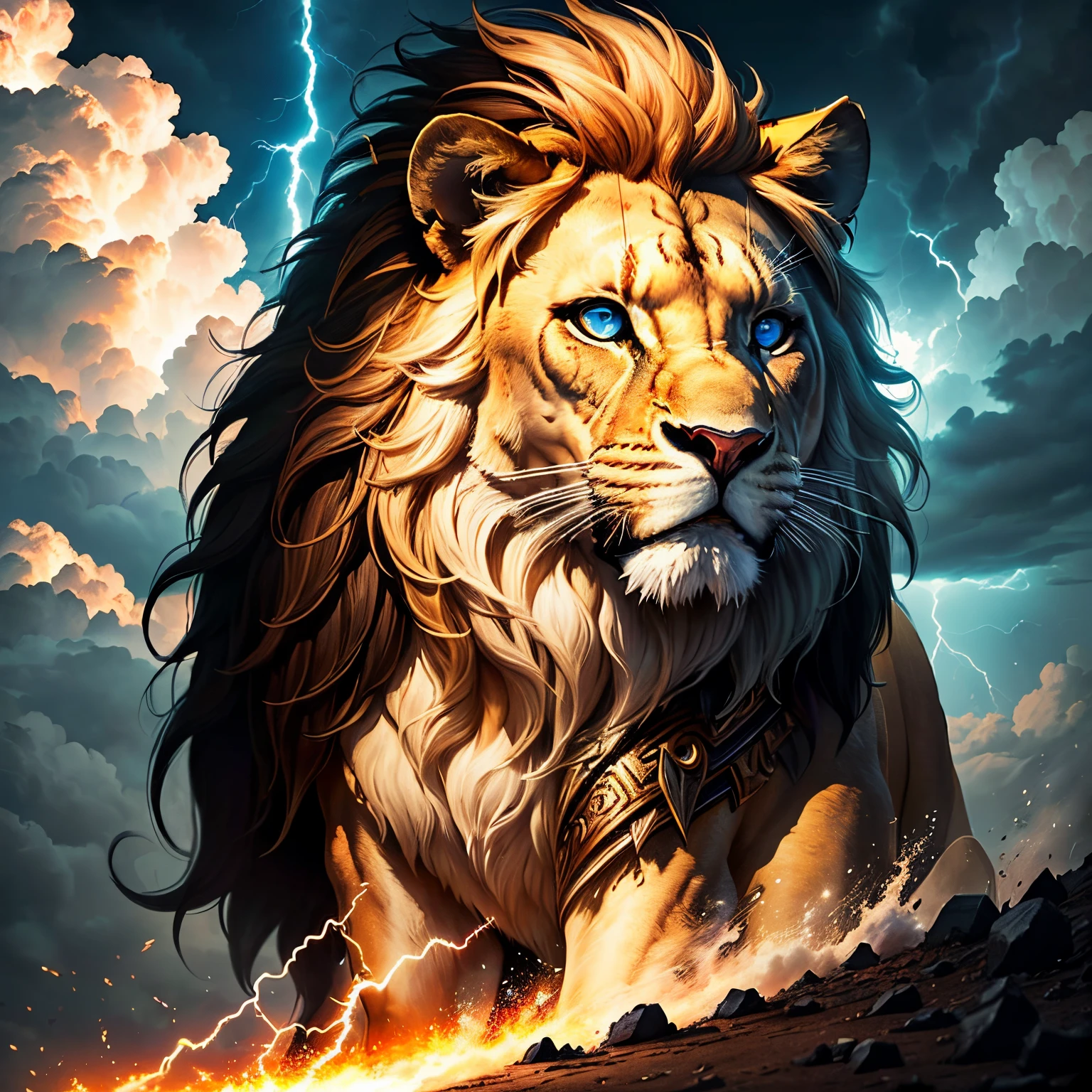 A lion with a lightning bolt in the background - SeaArt AI