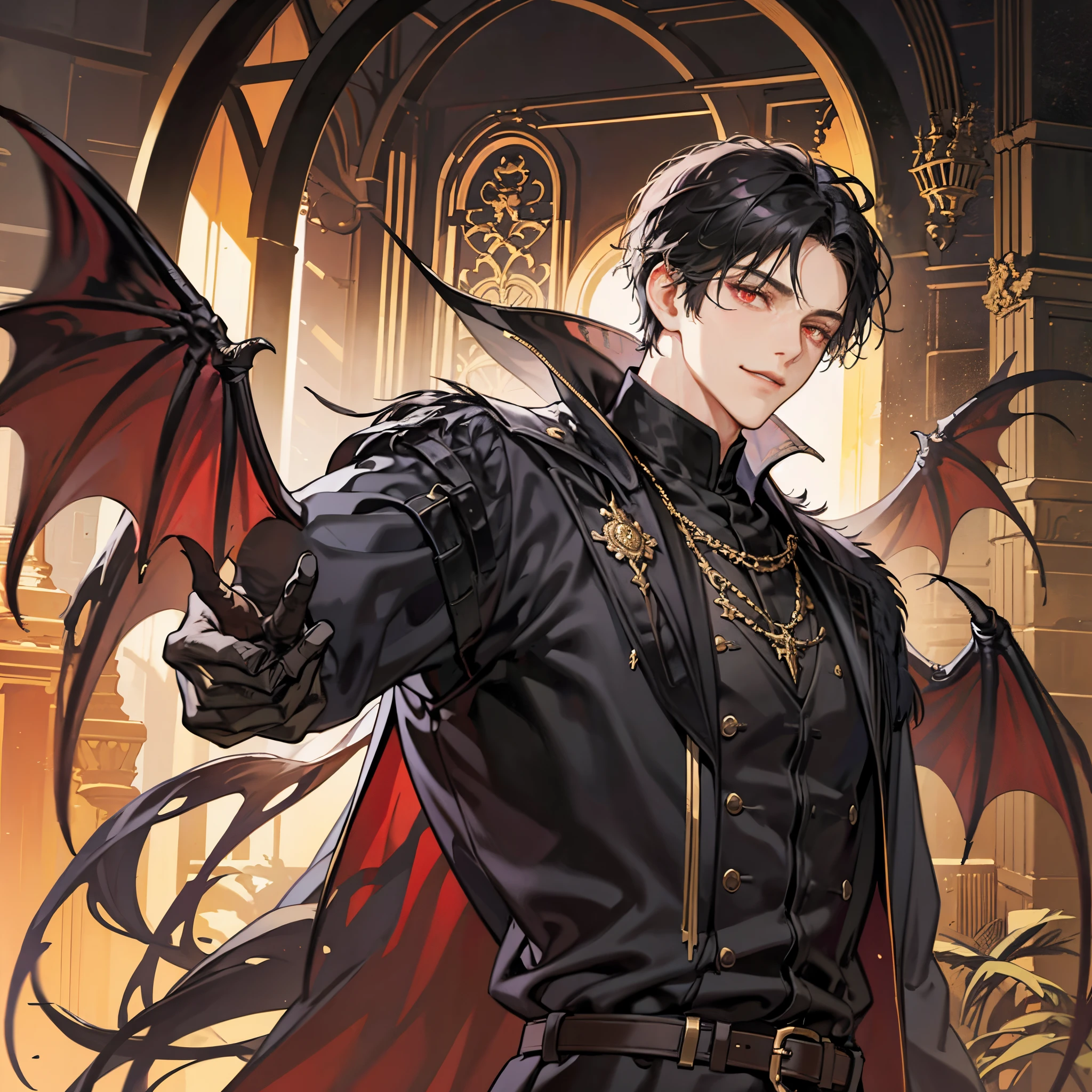 A close up of a man in a black shirt with a red cape - SeaArt AI