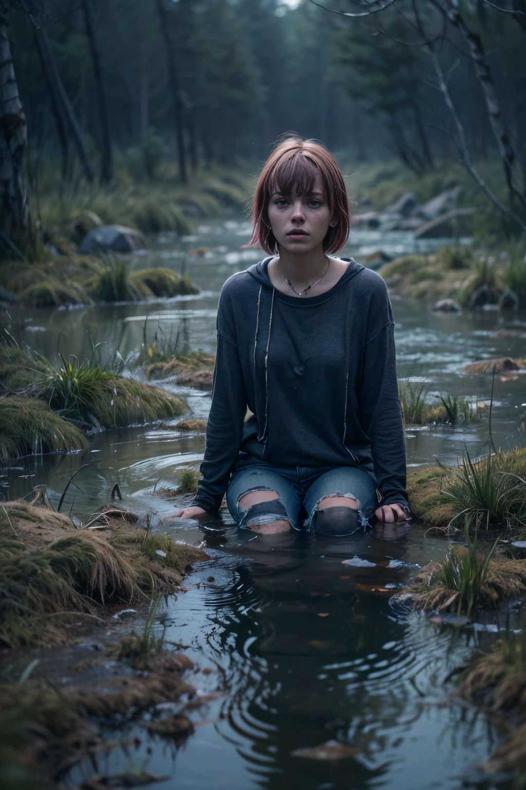 Arafed woman sitting in a stream in a forest - SeaArt AI