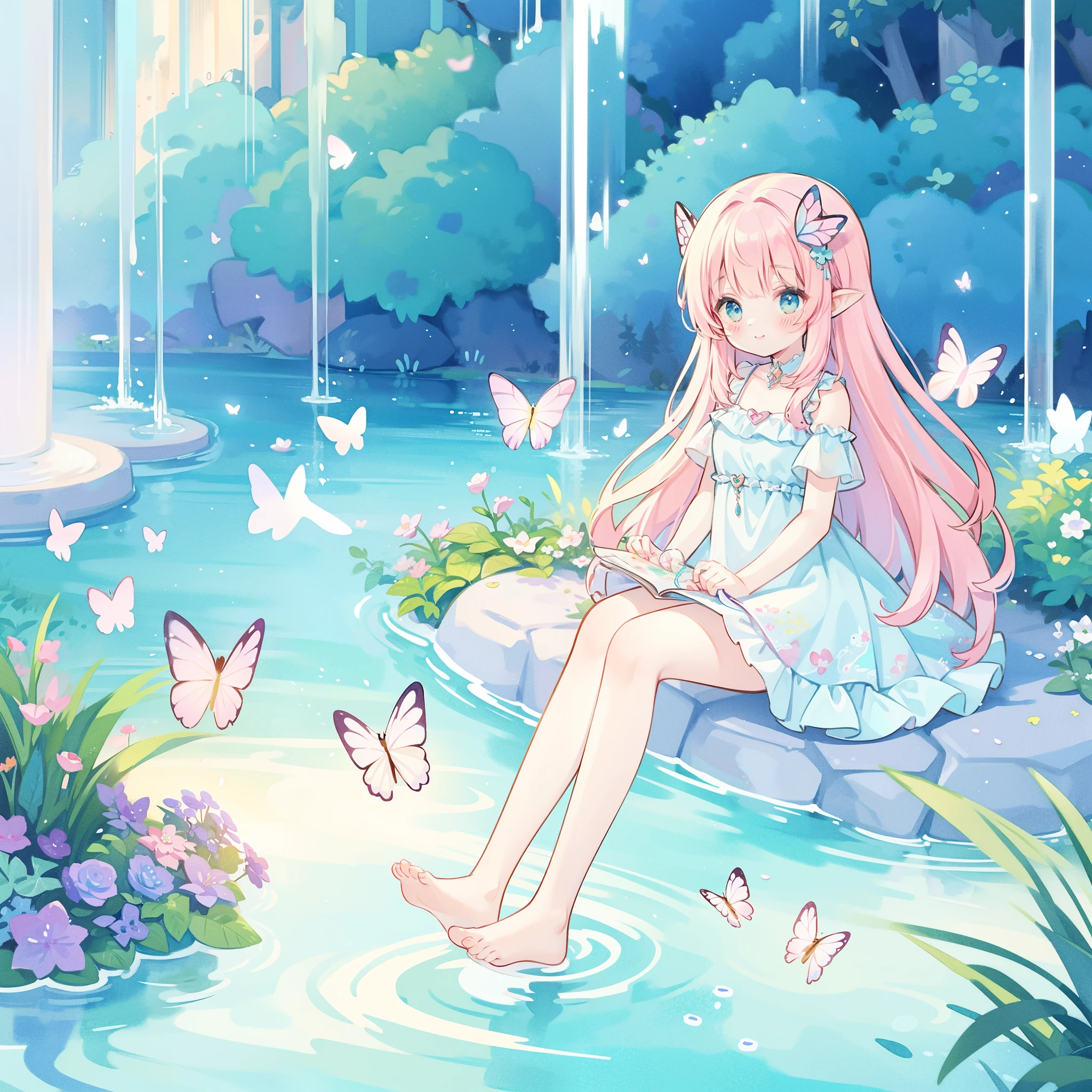 Anime girl sitting on a rock in a pond surrounded by butterflies ...