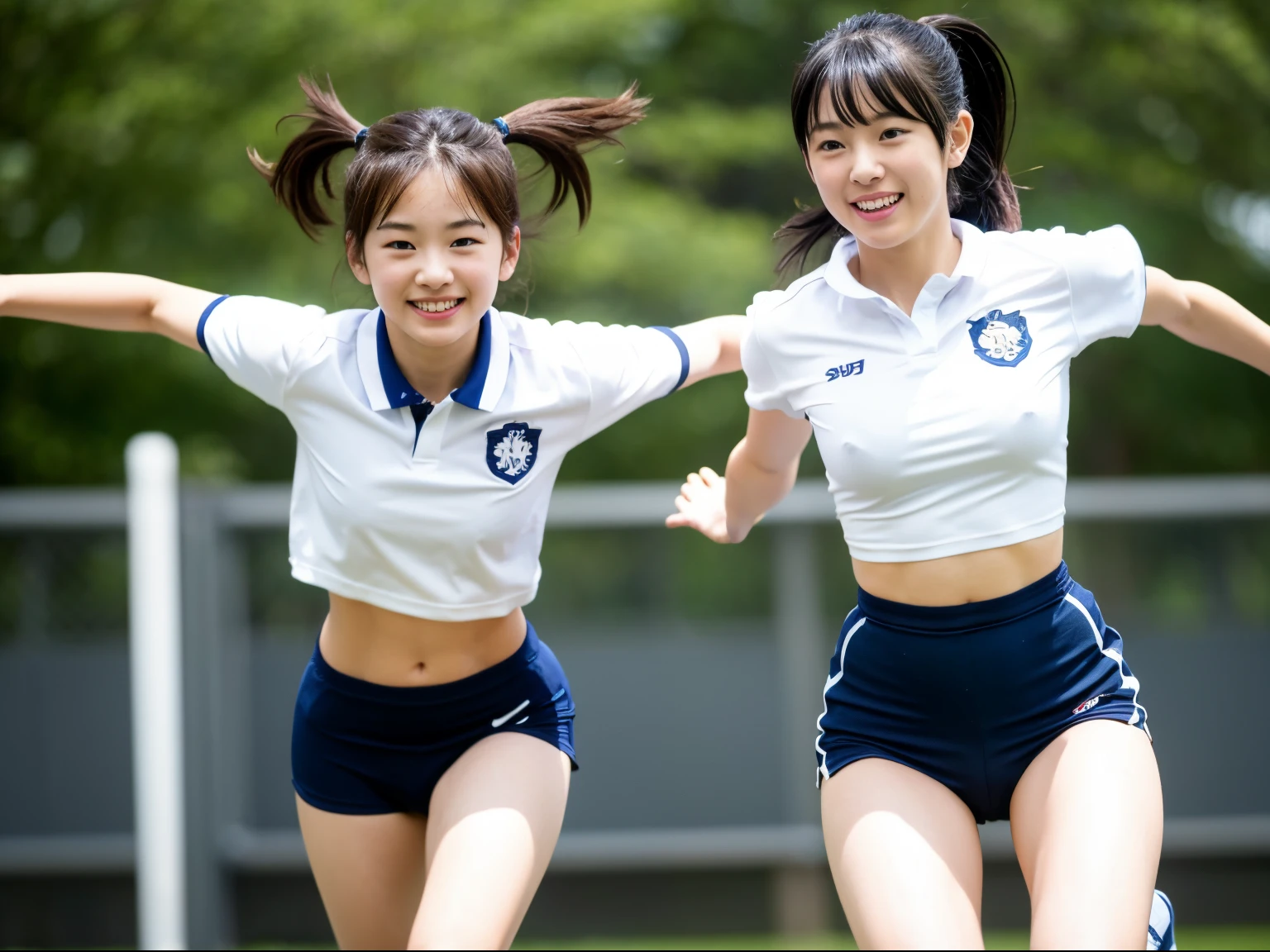 Two asian women in uniforms are running and smiling - SeaArt AI