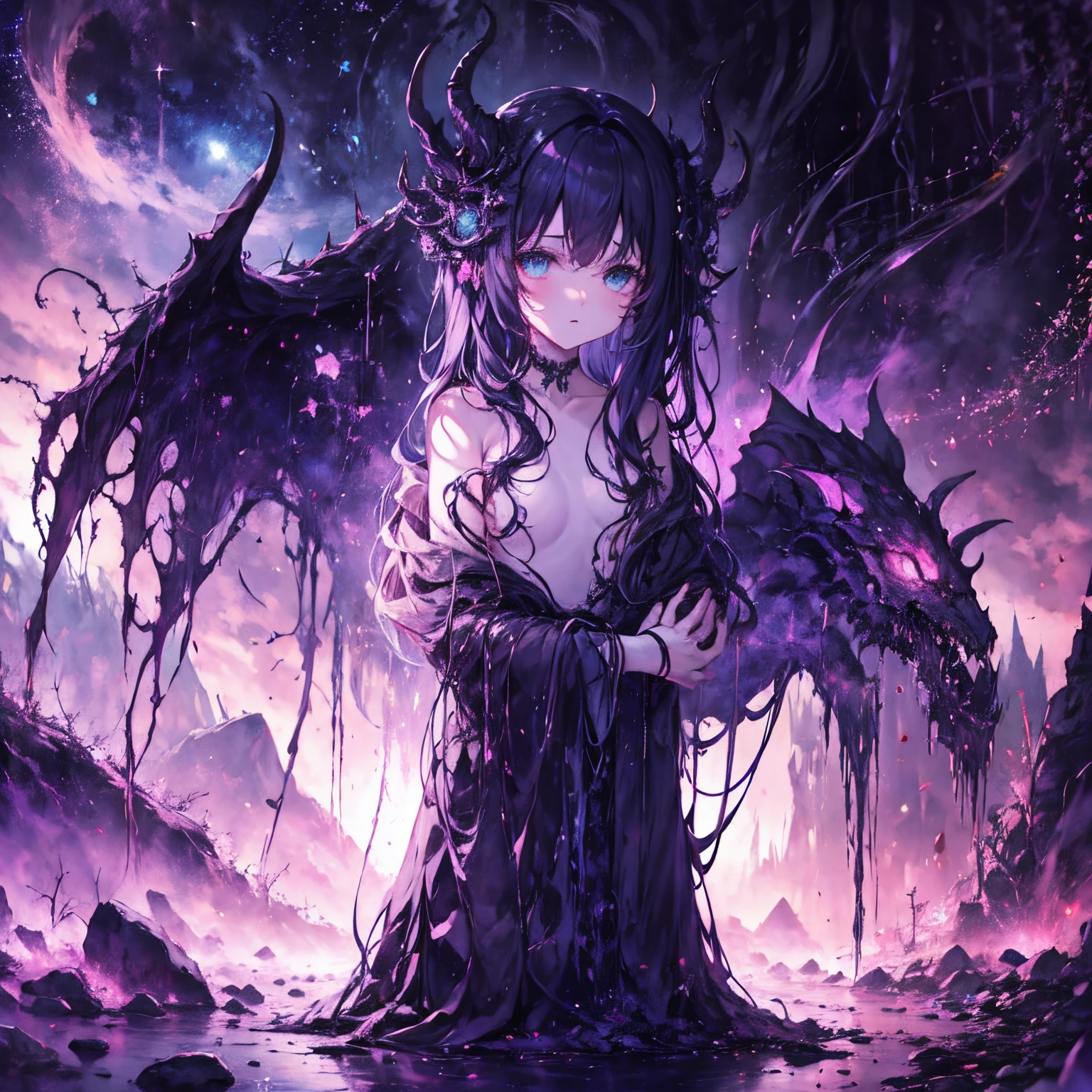 Anime girl with horns and a dragon in the background - SeaArt AI