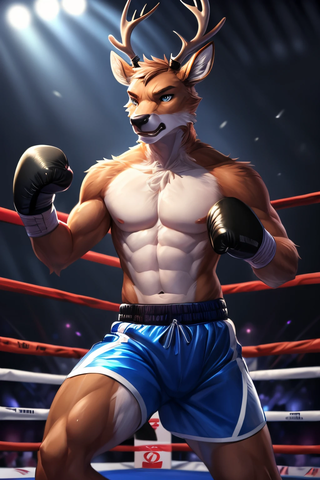 A close up of a man in boxing gear with a deer head on his head - SeaArt AI