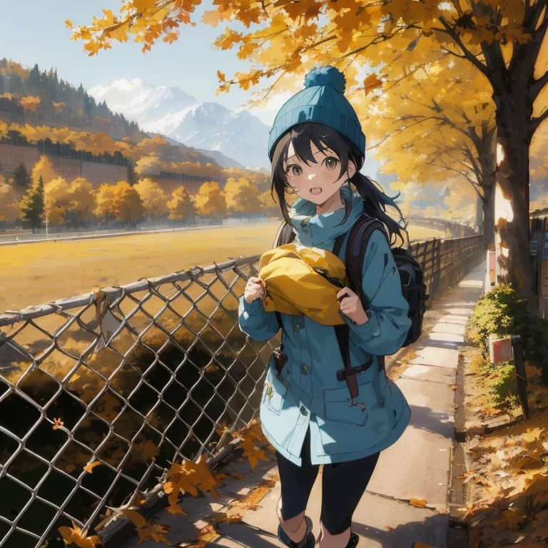 Anime girl walking on the road with a backpack and a yellow hat - SeaArt AI