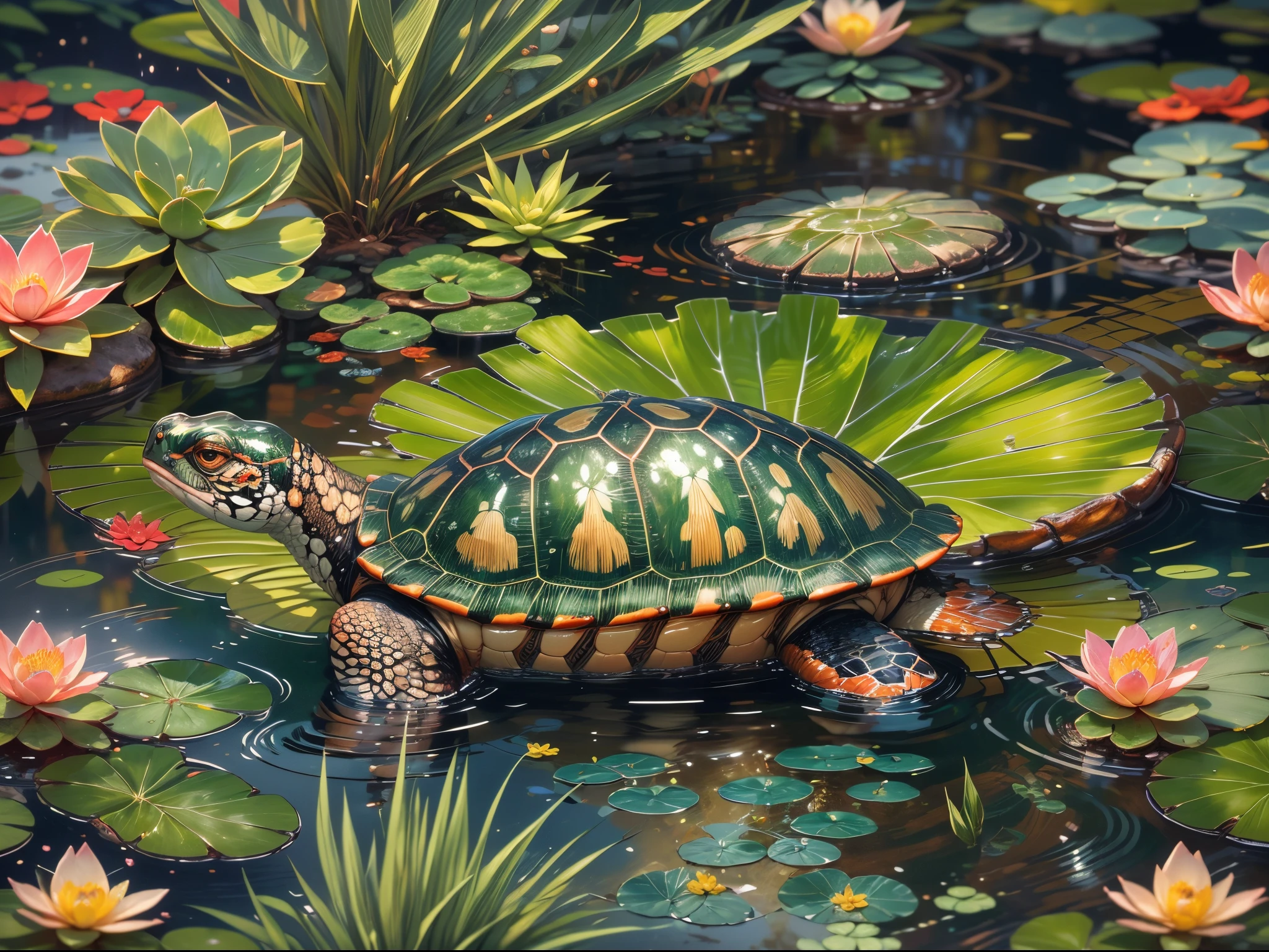 There is a turtle that is sitting on a leaf in the water - SeaArt AI