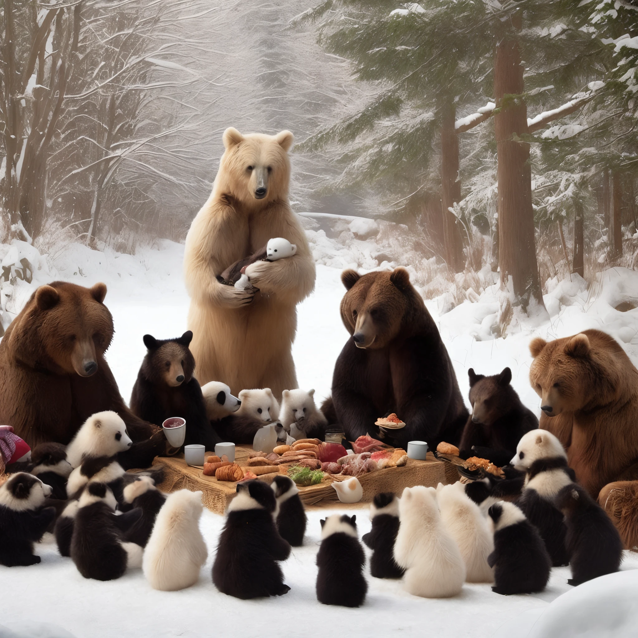 There are many stuffed animals sitting around a table with food - SeaArt AI