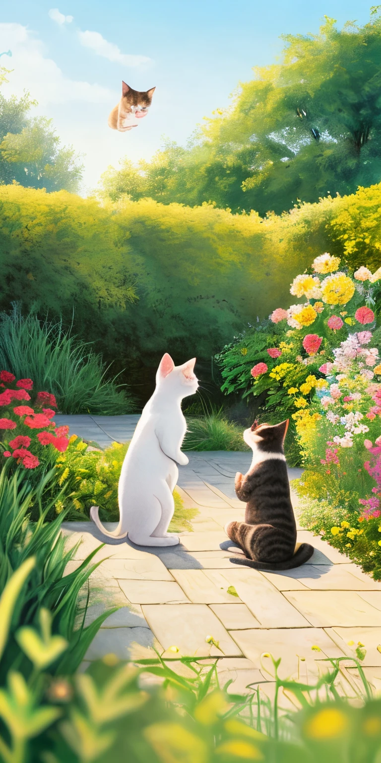 Painting of two cats sitting on a path looking at a cat flying in the ...