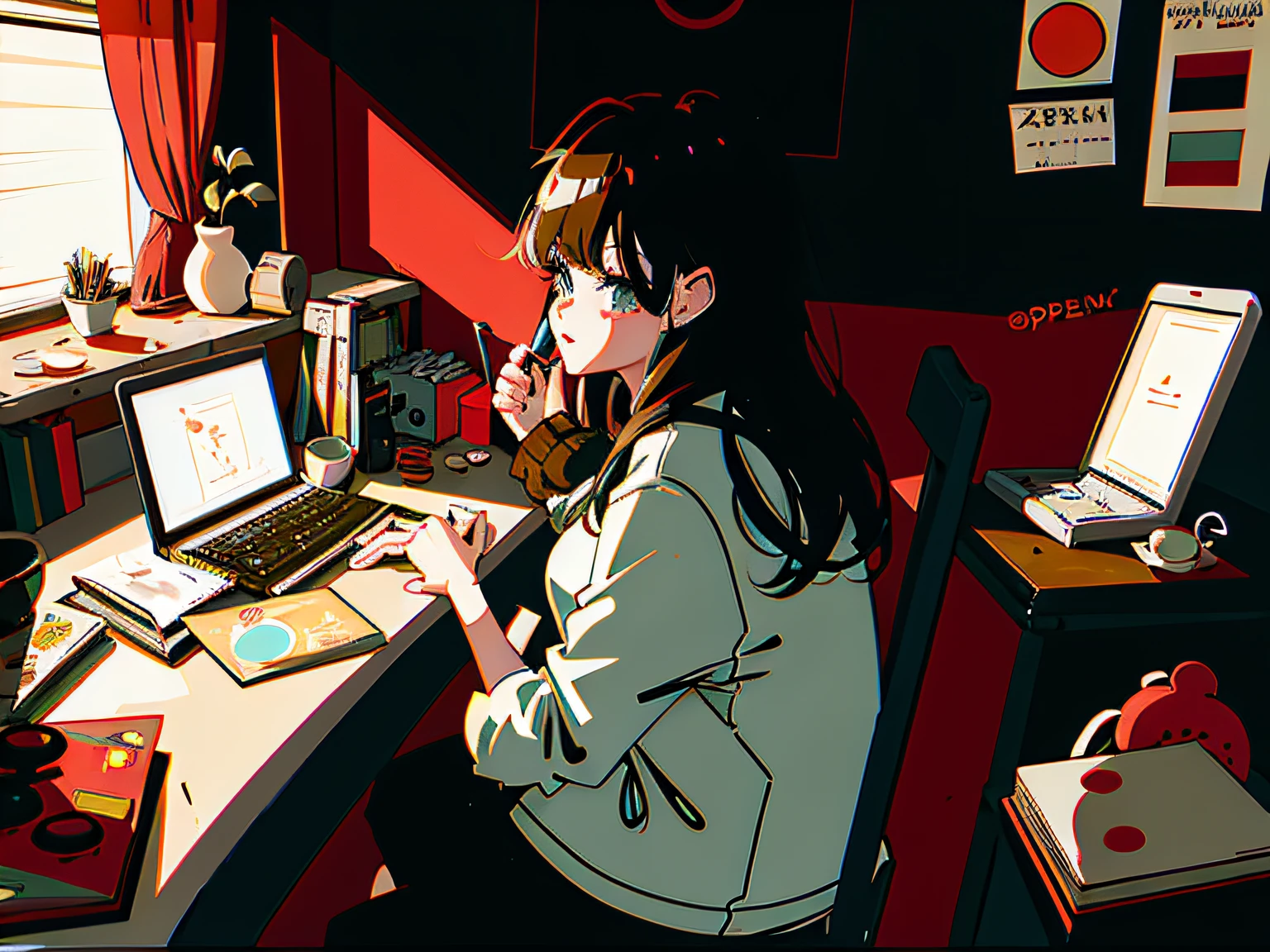 Anime girl sitting at a desk with a laptop and a phone - SeaArt AI