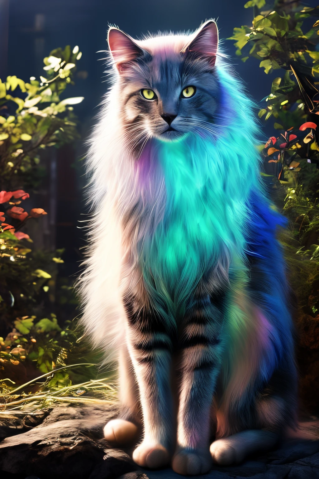 A close up of a cat with a rainbow colored coat sitting on a rock ...