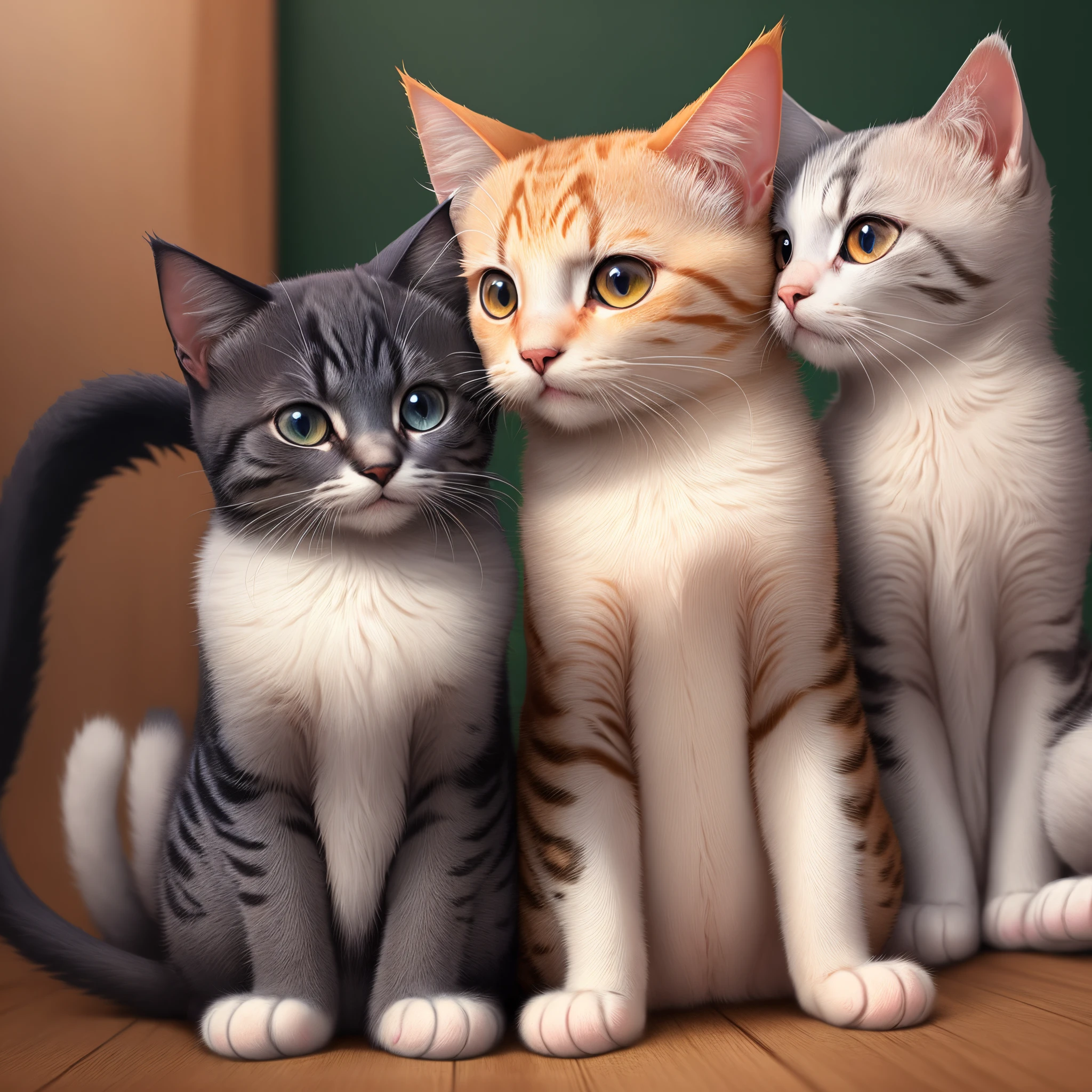 Three cats sitting on a wooden floor with one staring at the camera ...