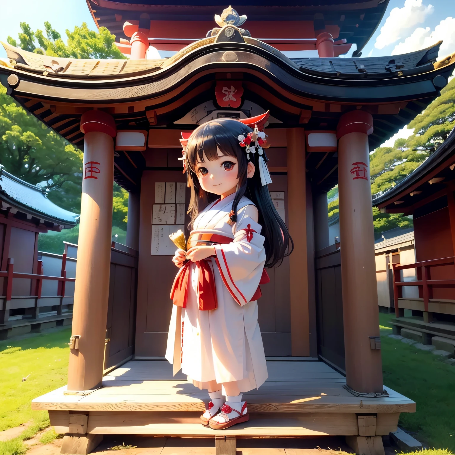 Arafed asian girl in a white dress standing in front of a pagoda - SeaArt AI