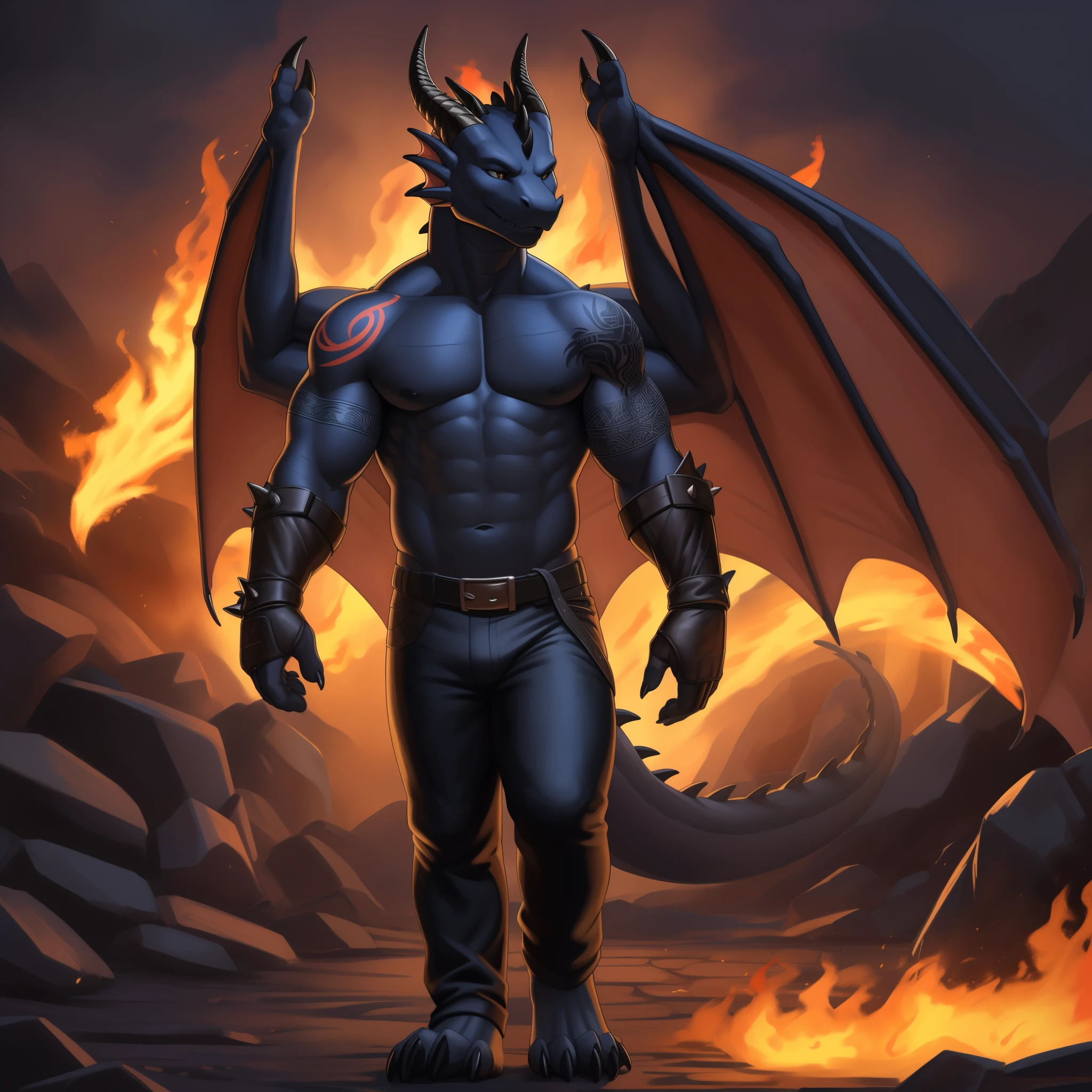 A man with a dragon like body and a helmet standing in front of a fire ...