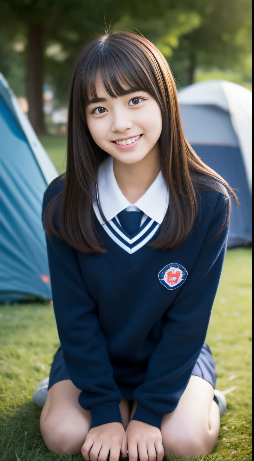 Arafed asian girl in uniform sitting on the grass in front of a tent ...