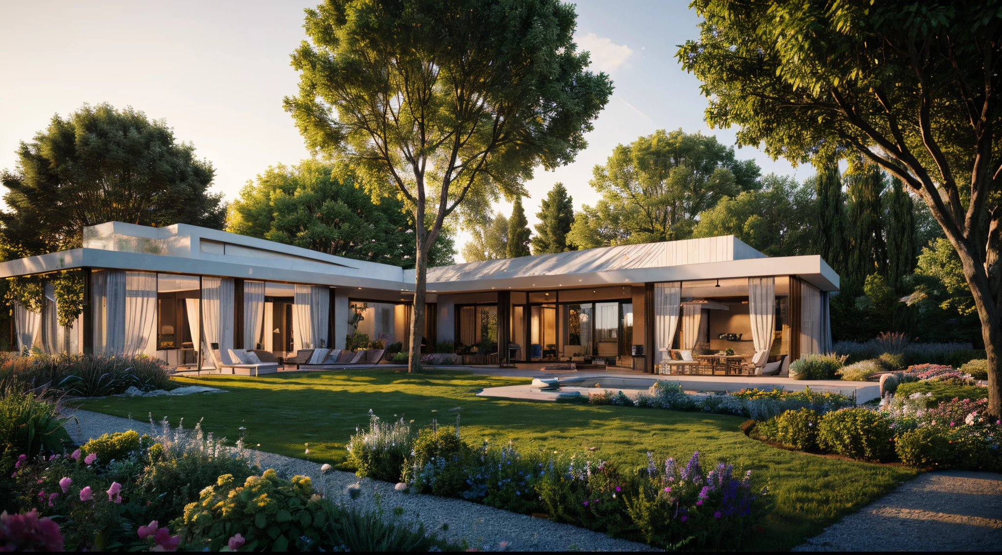 A close up of a house with a lawn and trees - SeaArt AI
